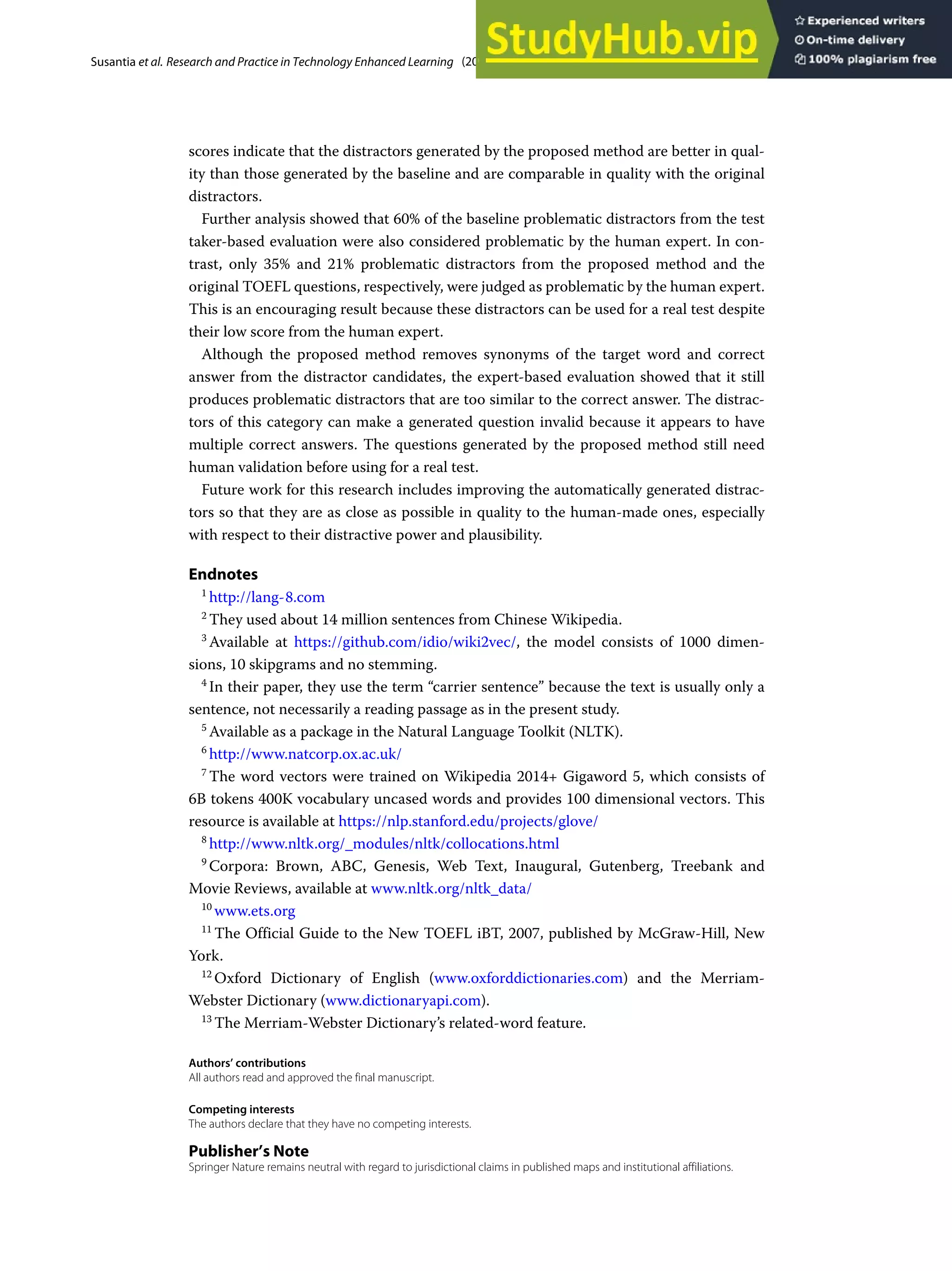 Automatic Distractor Generation For Multiple Choice English Vocabulary