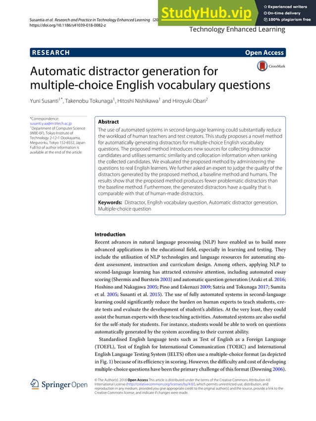 Automatic Distractor Generation For Multiple-Choice English Vocabulary Questions | PDF