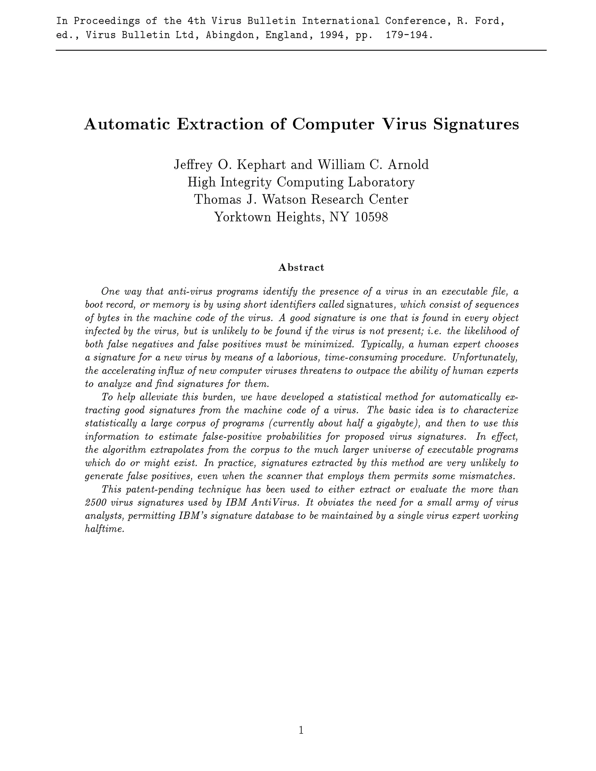 Automatic Extraction Of Computer Virus Signatures Pdf