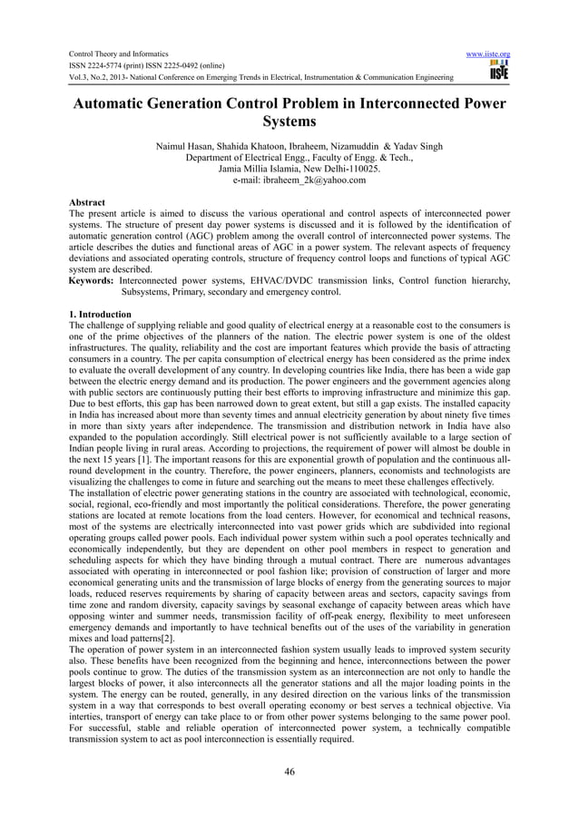 Automatic generation control problem in interconnected power systems | PDF
