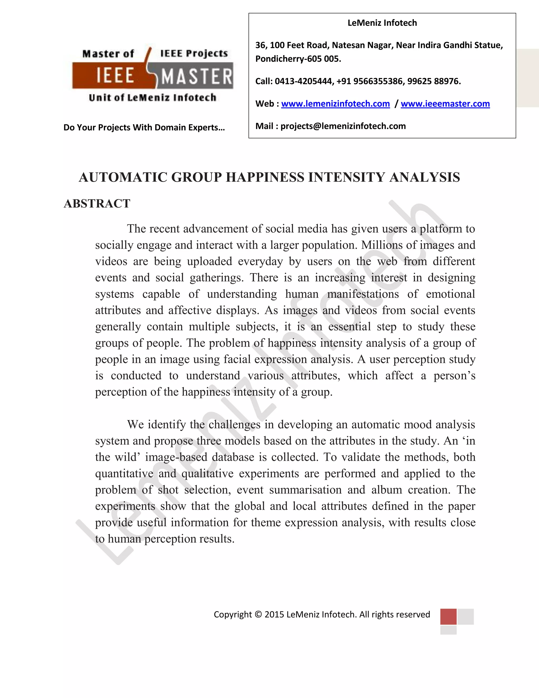 Automatic group happiness intensity analysis. | PDF