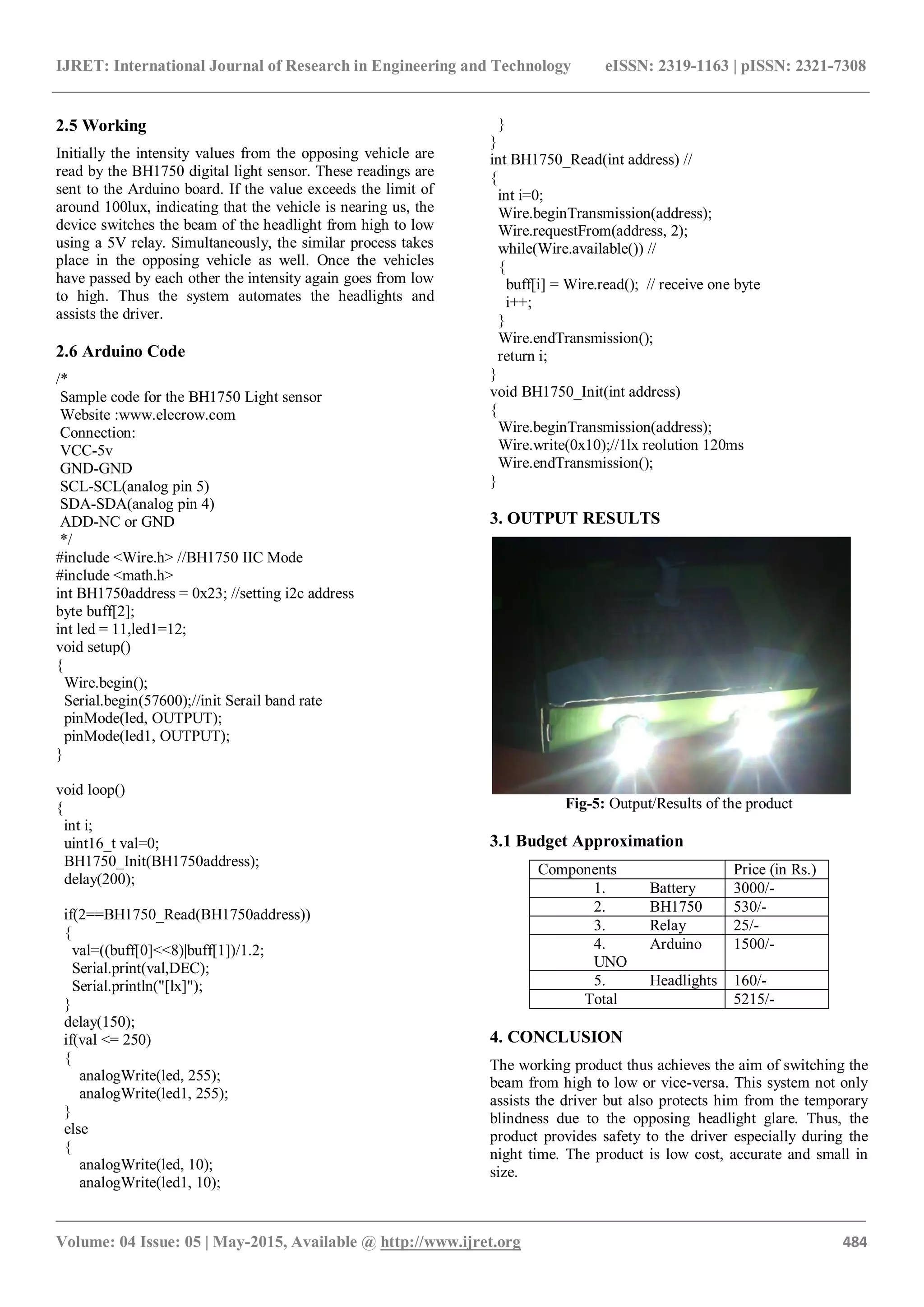 Automatic headlight beam intensity switcher | PDF