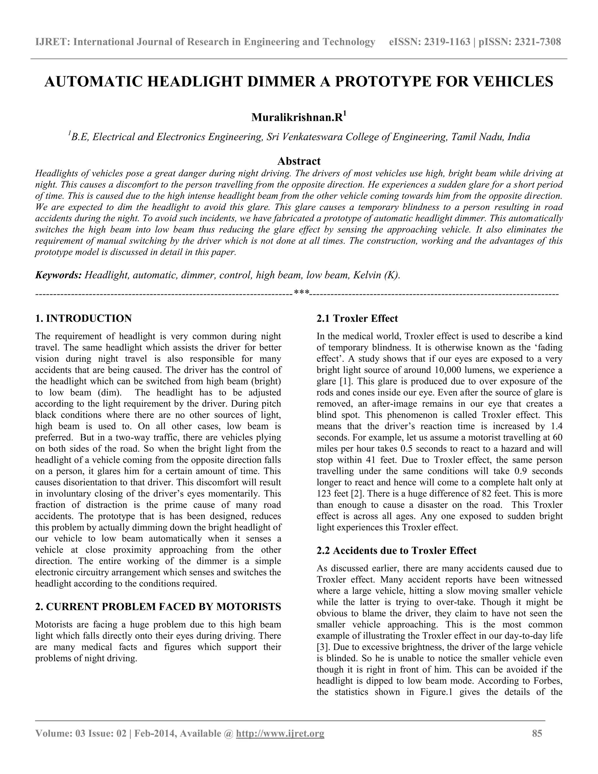 Automatic headlight dimmer a prototype for vehicles | PDF