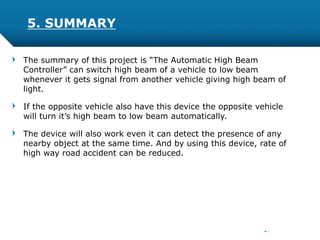 Automatic high beam controller for vehicles | PPTX