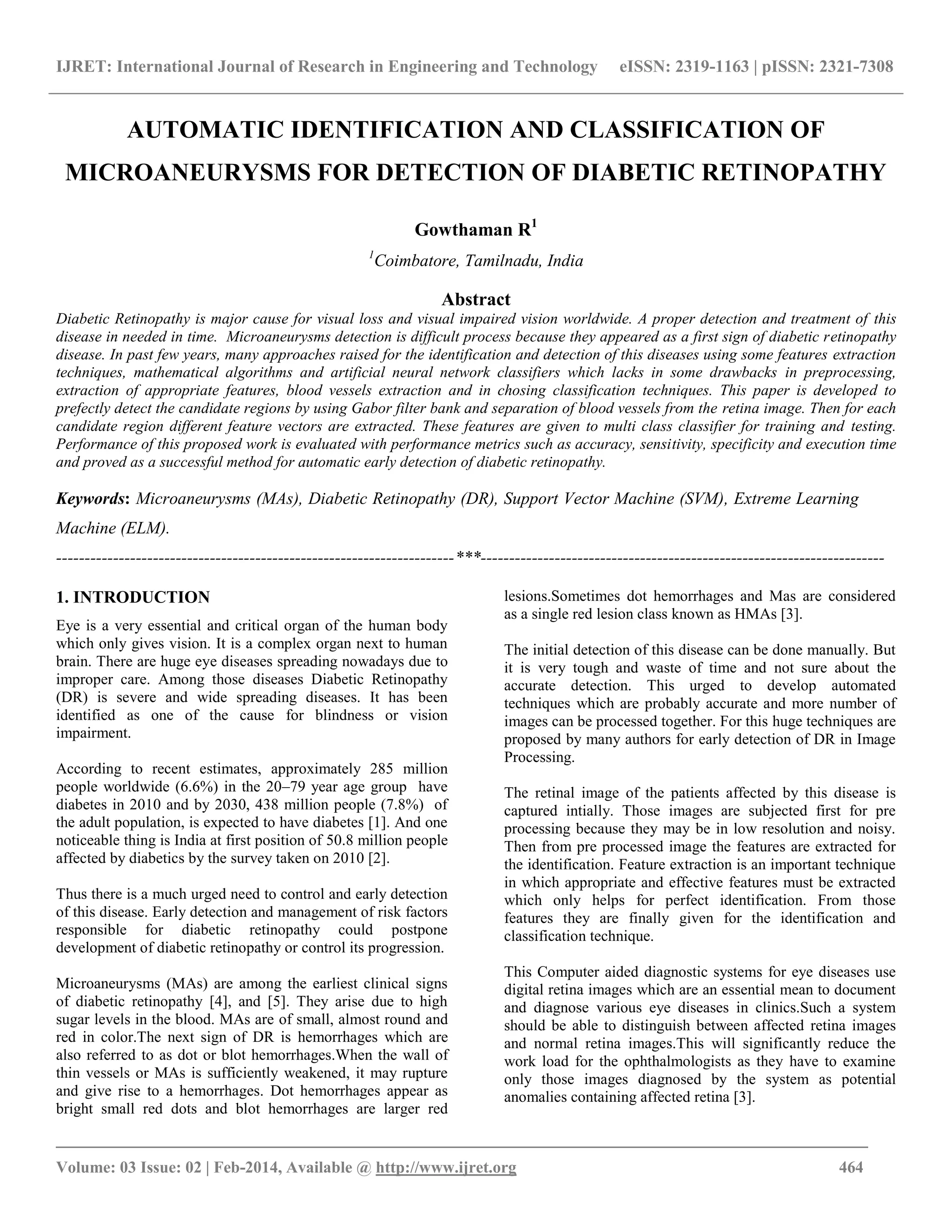 Automatic Identification And Classification Of Microaneurysms For Detection Of Diabetic