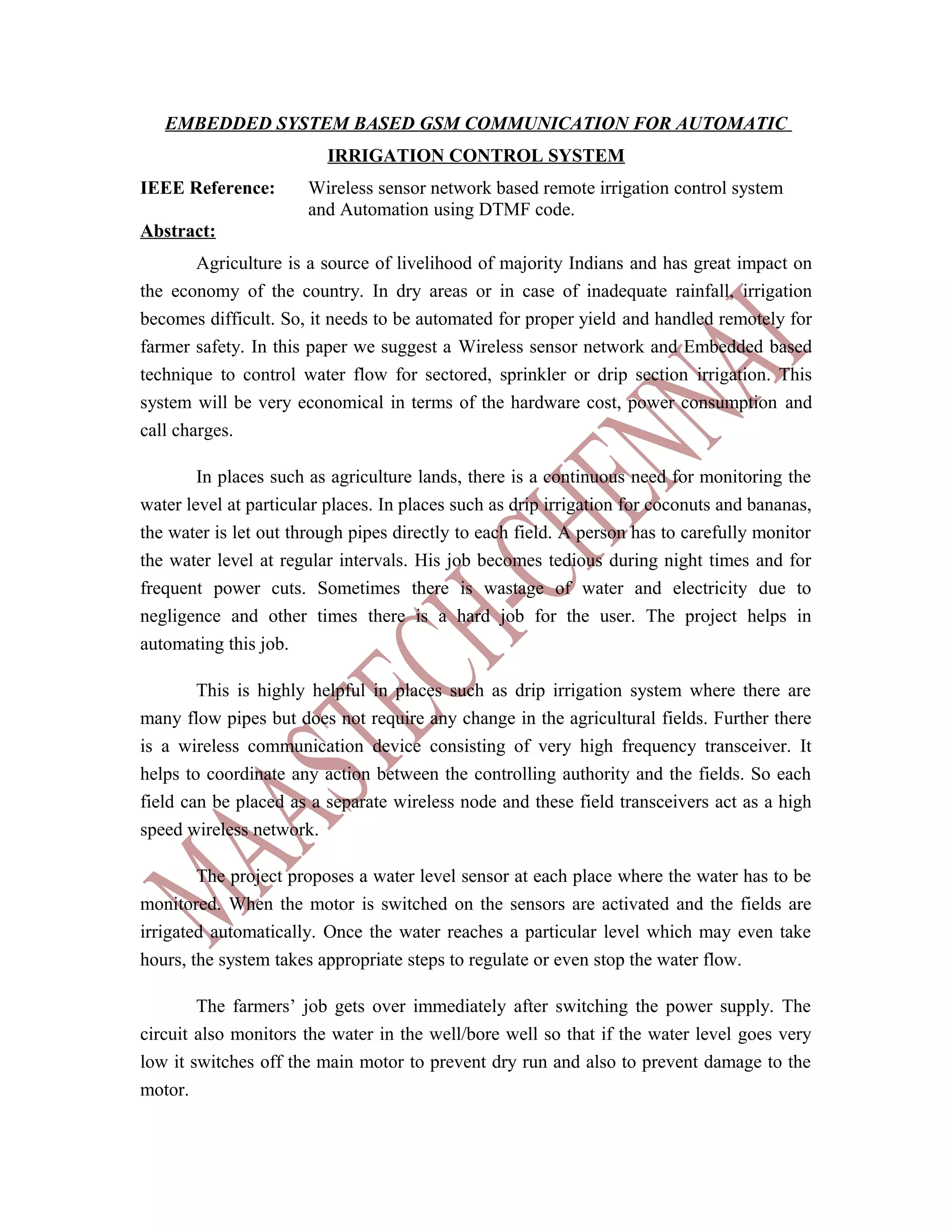 AGRICULTURE PROJECTS-EMBEDDED SYSTEM BASED GSM COMMUNICATION FOR ...