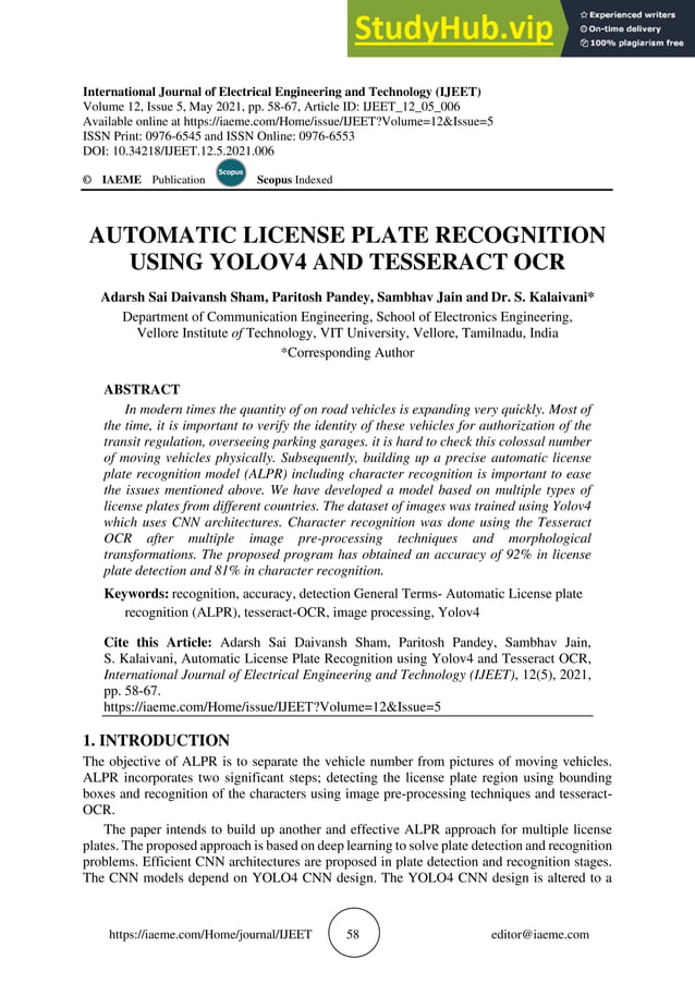 Automatic License Plate Recognition Using Yolov4 And Tesseract Ocr Pdf