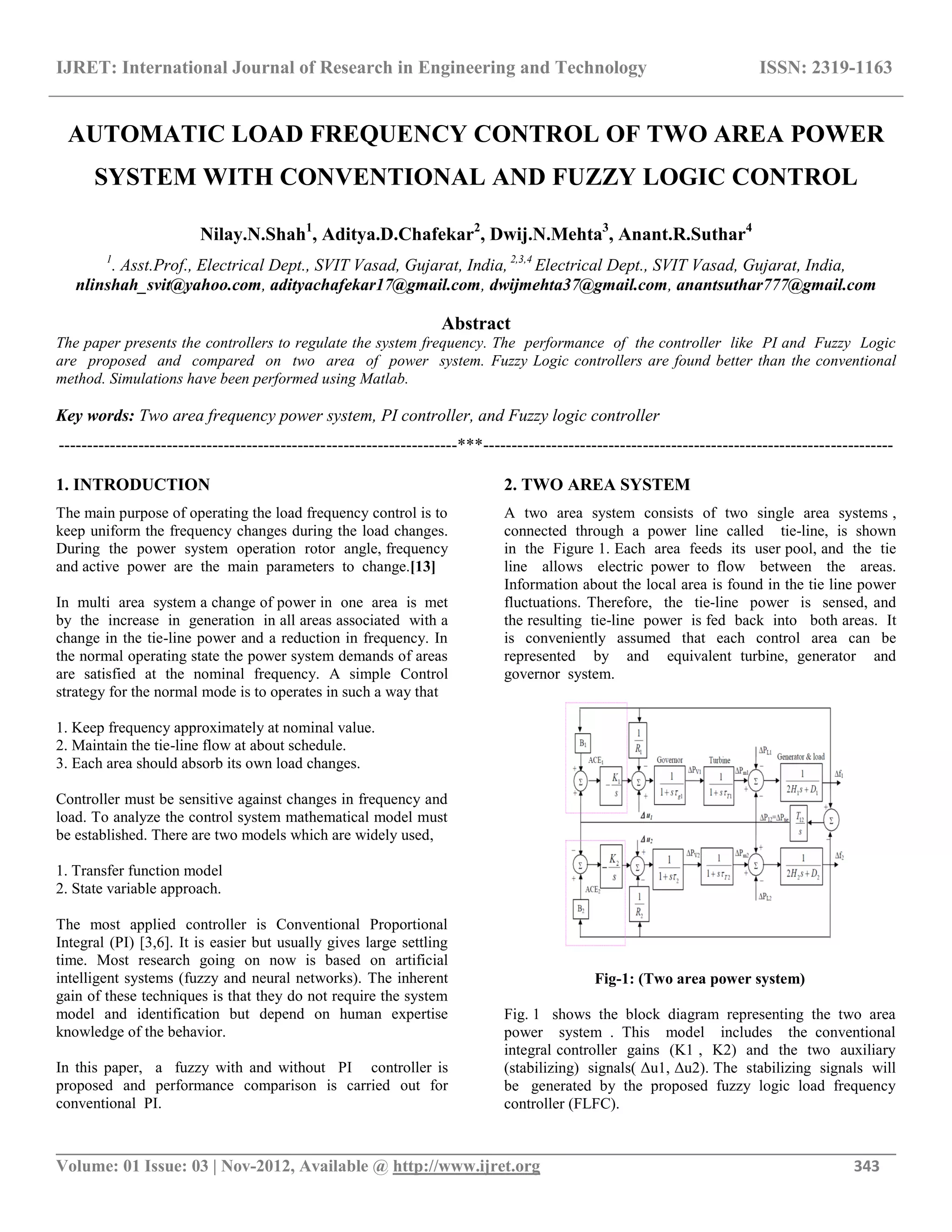 Automatic Load Frequency Control Of Two Area Power System With