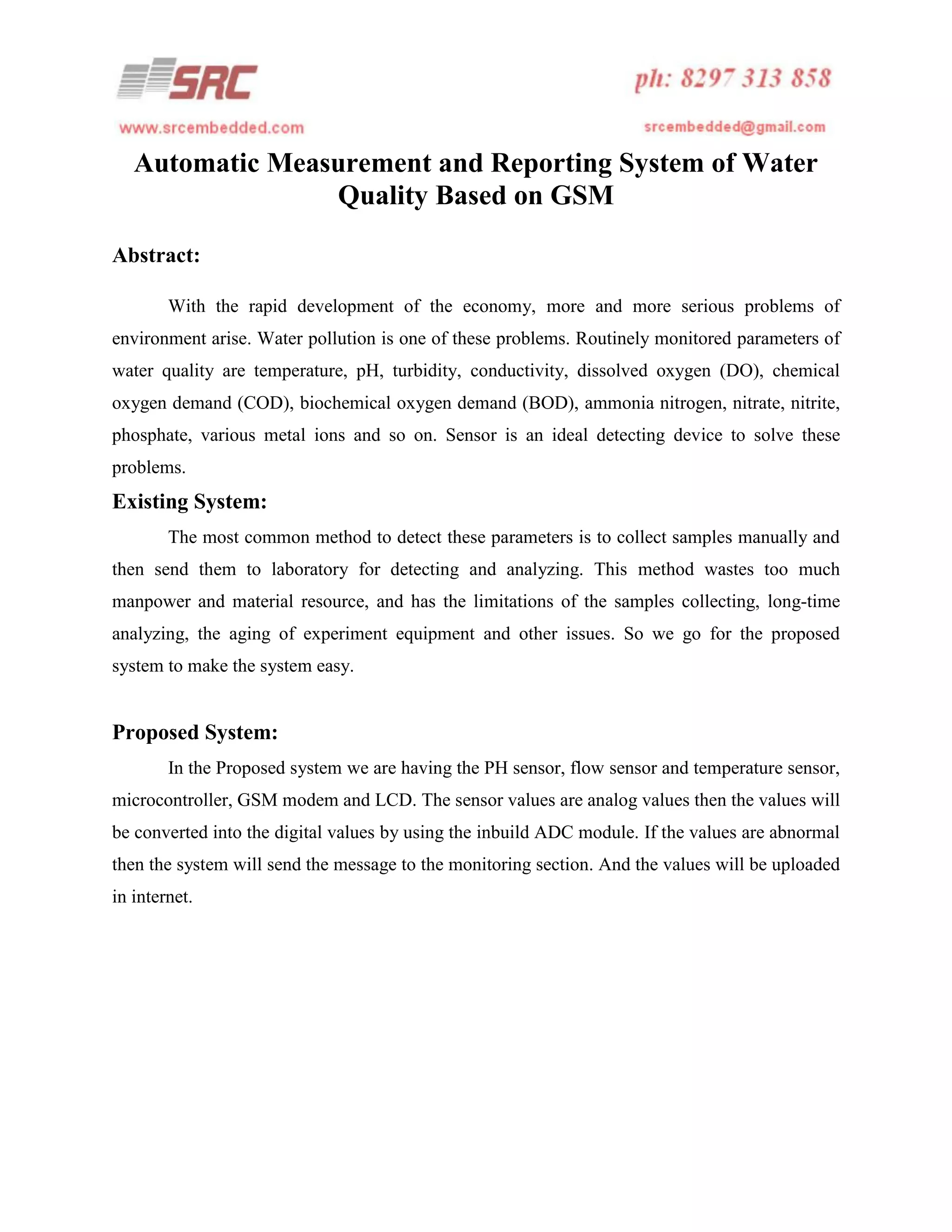 Automatic measurement and reporting system of water quality based on gsm | PDF