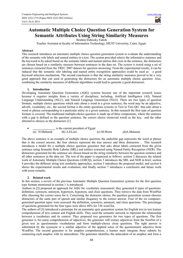 Automatic multiple choice question generation system for | PDF | Computing | Technology & Computing