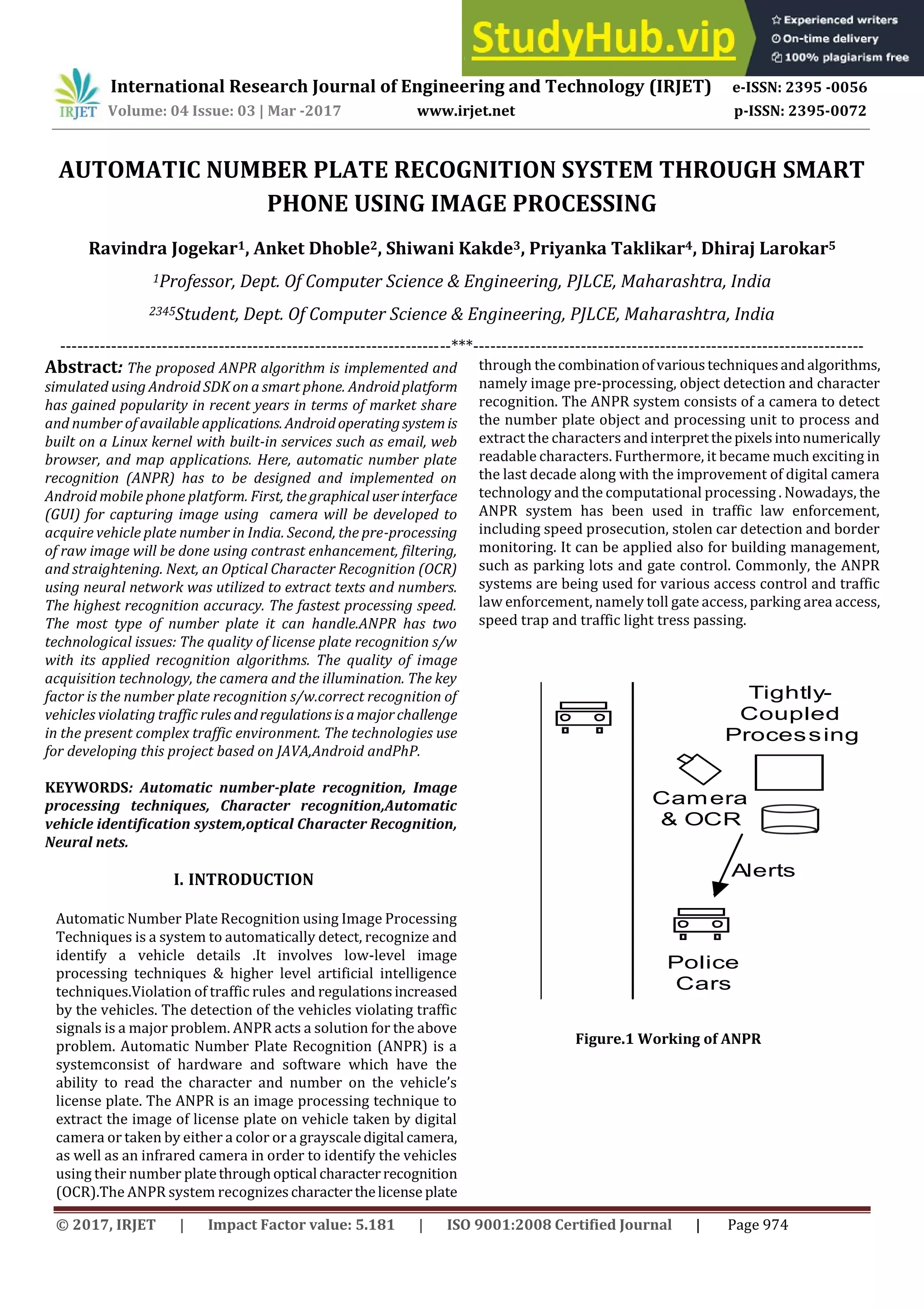 AUTOMATIC NUMBER PLATE RECOGNITION SYSTEM THROUGH SMART PHONE USING IMAGE PROCESSING | PDF