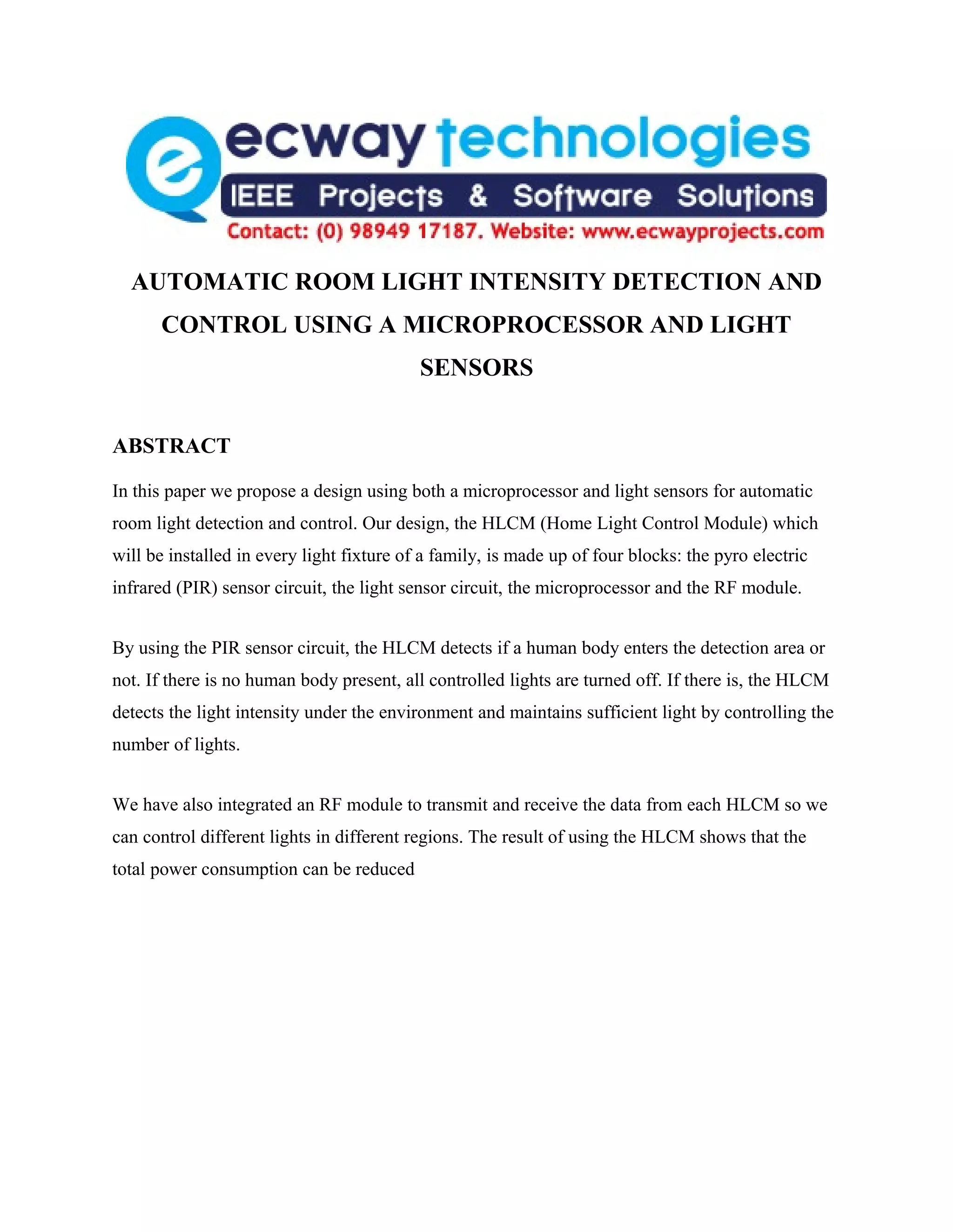 Automatic Room Light Intensity Detection And Control Using A Microprocessor And Light Sensors Pdf