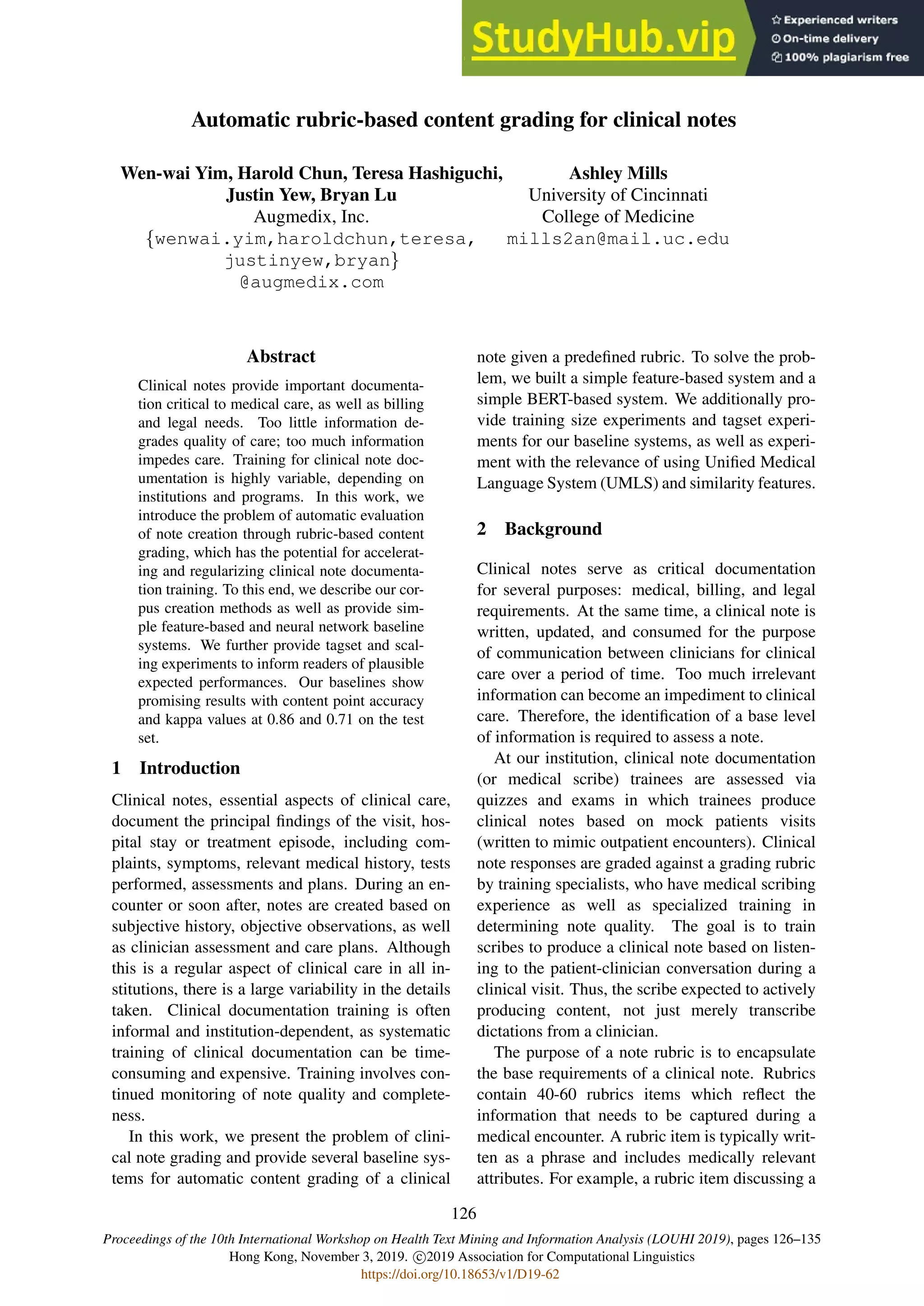 Automatic Rubric-Based Content Grading For Clinical Notes | PDF