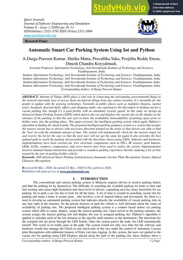 Automatic Smart Car Parking System Using Iot And Python | PDF | Internet | Computing