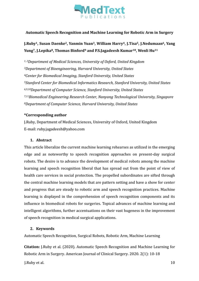 Automatic Speech Recognition And Machine Learning For Robotic Arm In Surgery Pdf