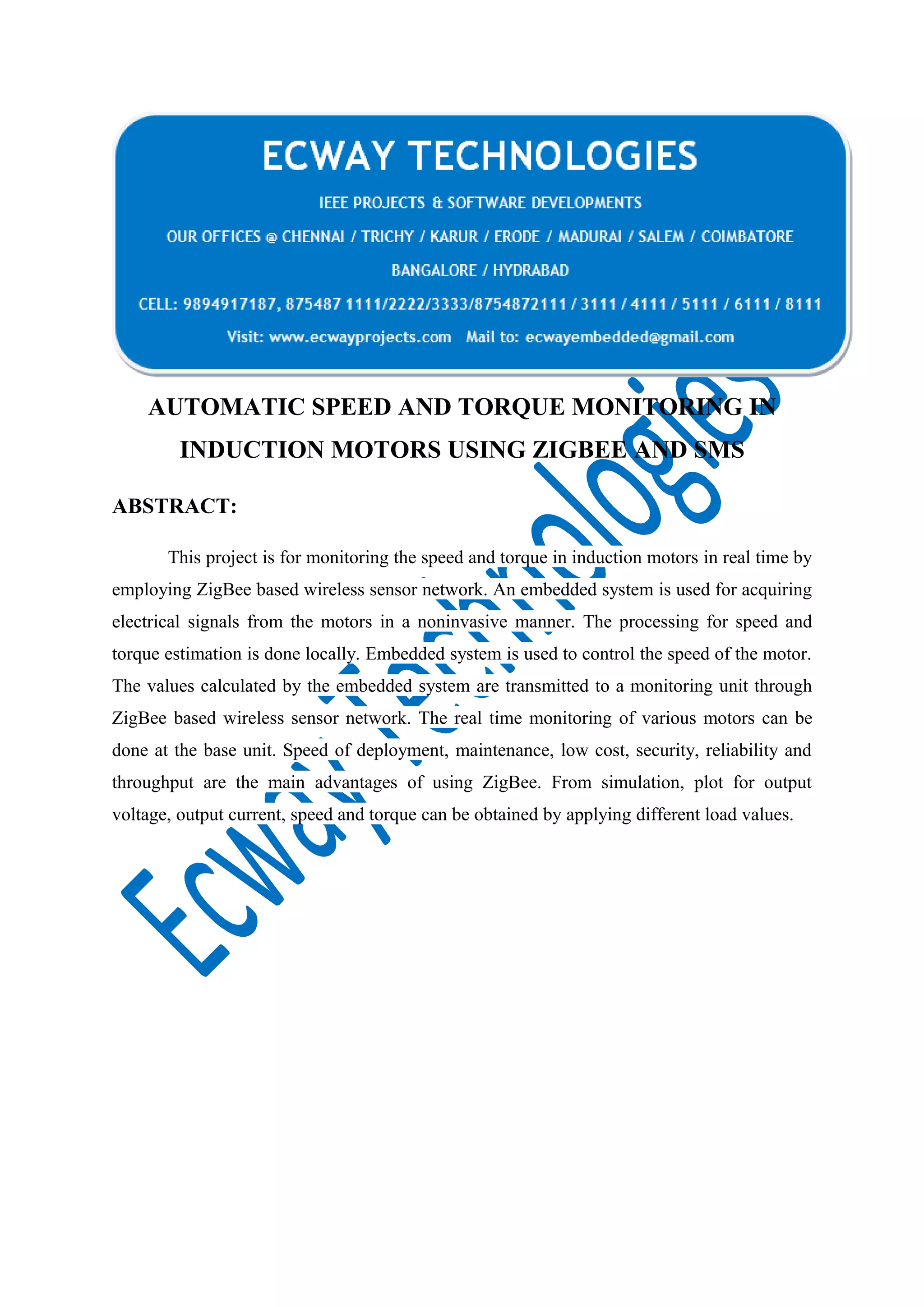 Automatic Speed And Torque Monitoring In Induction Motors Using Zigbee