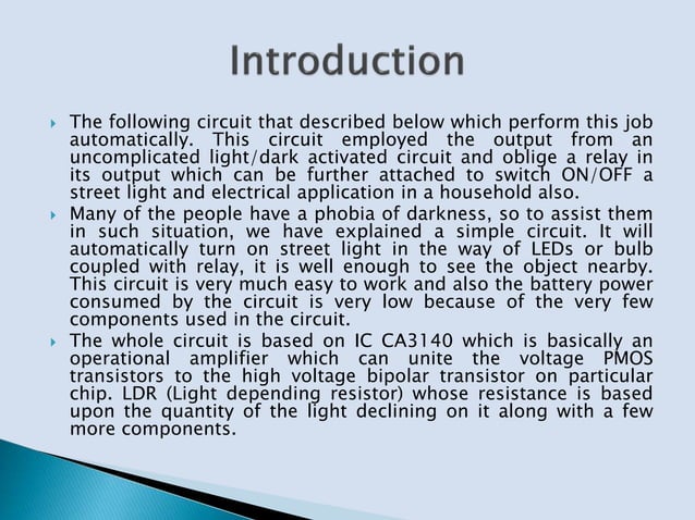 Automatic street light using ldr and relay | PPTX | Computer Networking | Computing