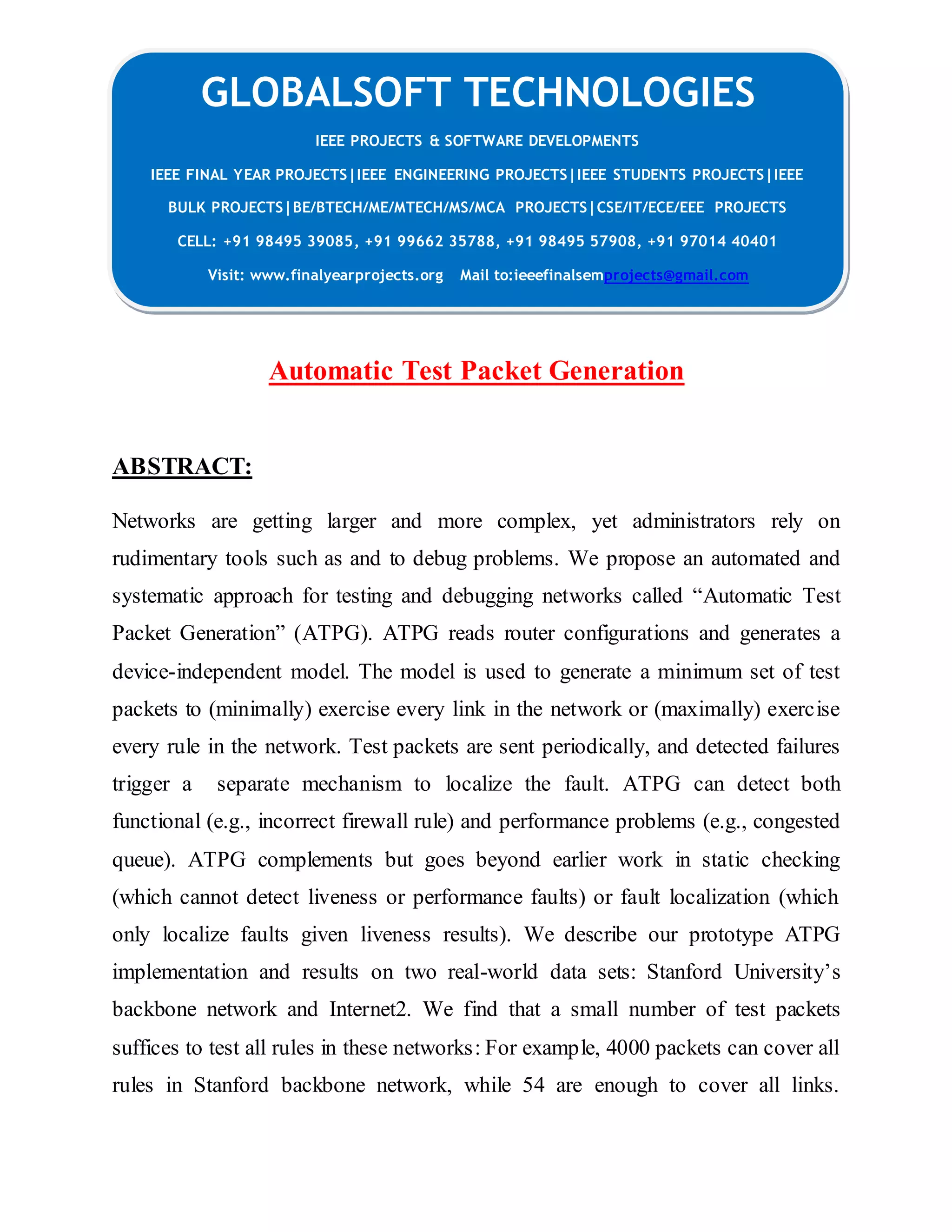 2014 Ieee Java Networking Project Automatic Test Packet Generation Pdf