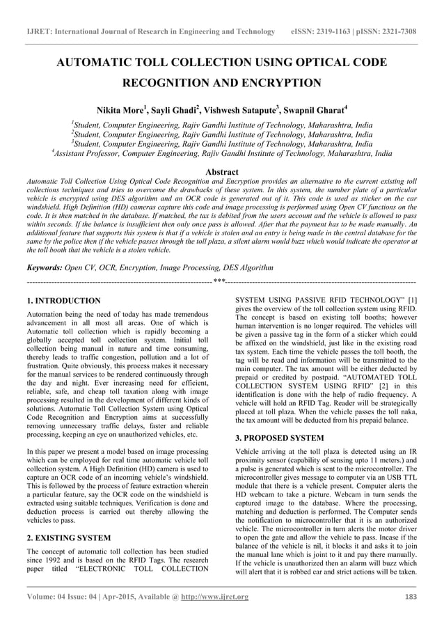 Automatic toll collection using optical code recognition and encryption ...