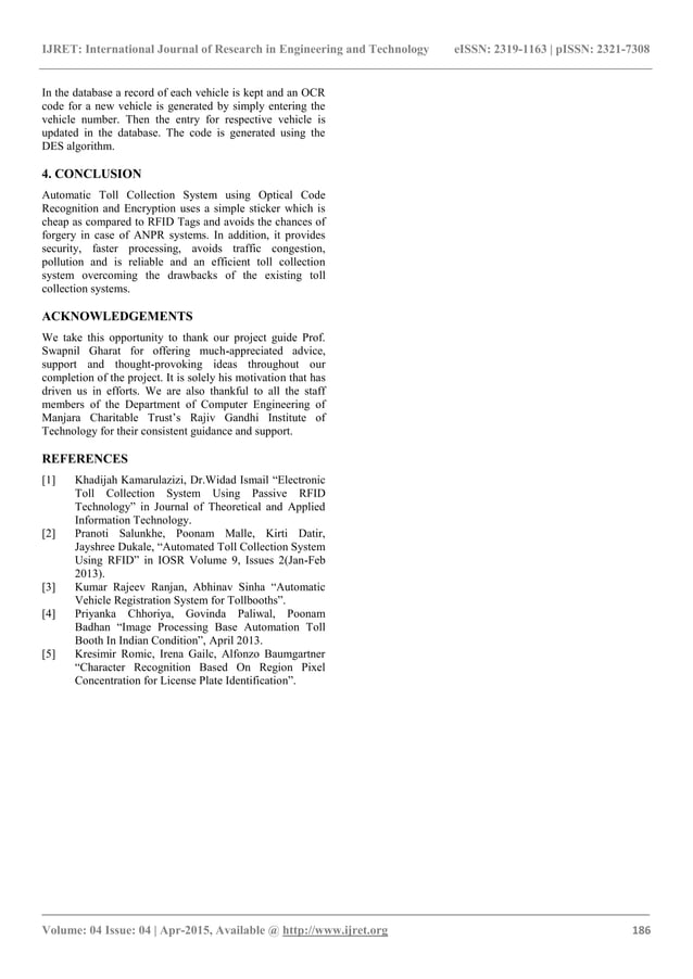 Automatic toll collection using optical code recognition and encryption | PDF