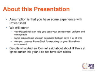 Automating SharePoint on premises tasks with PowerShell | PPTX