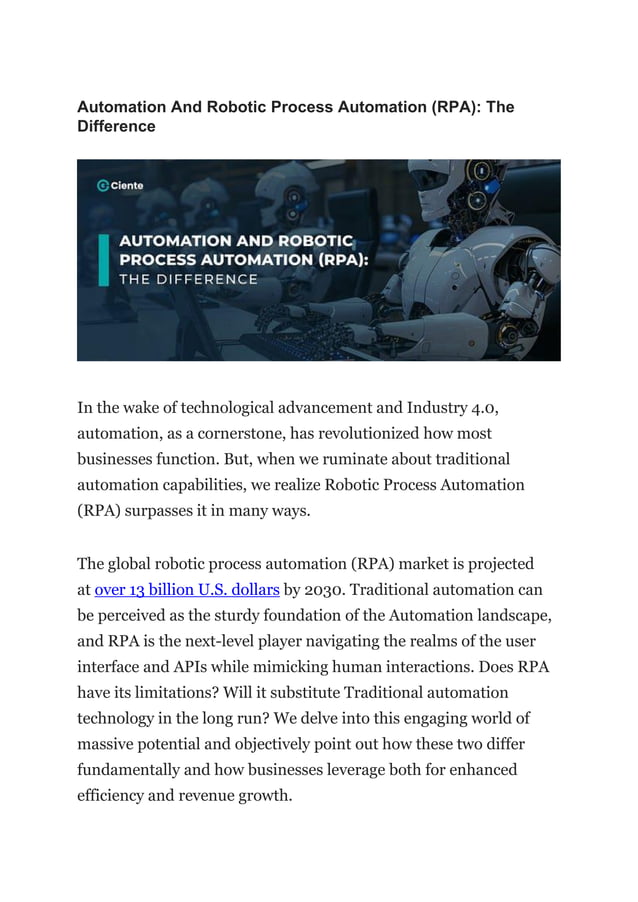 Automation and Robotic Process Automation (RPA): The Difference | PDF