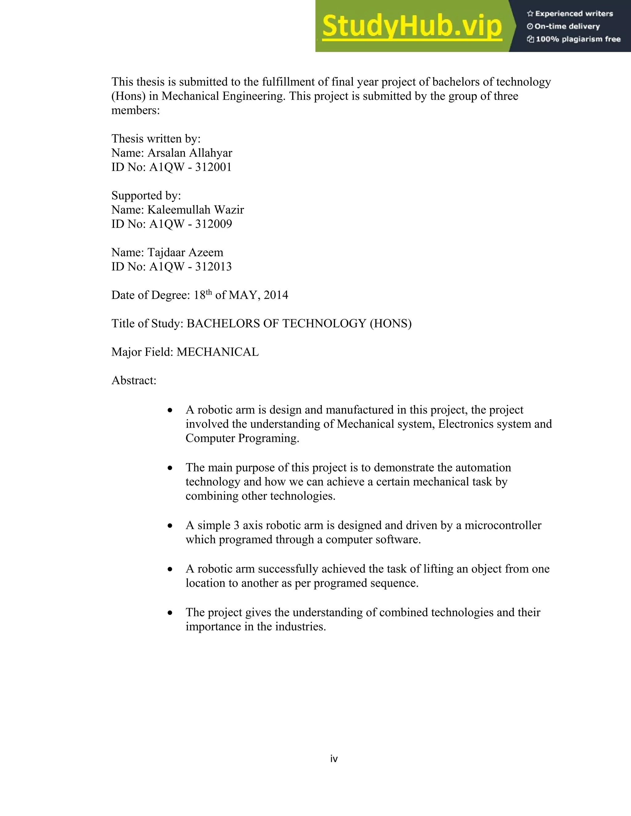 Automation A Robotic Arm (FYP) Thesis.pdf