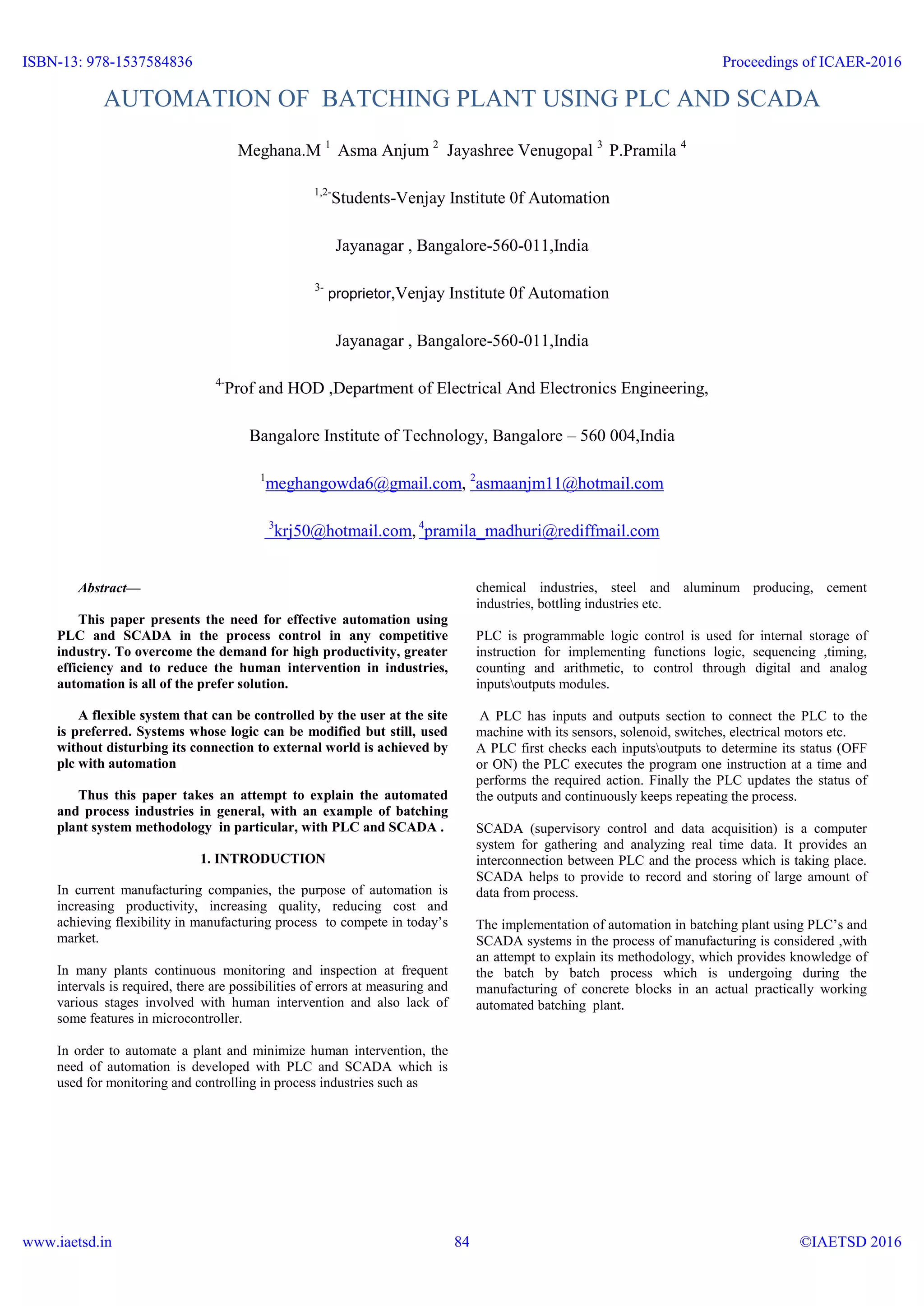 iaetsd Automation of batching plant using plc and scada | PDF