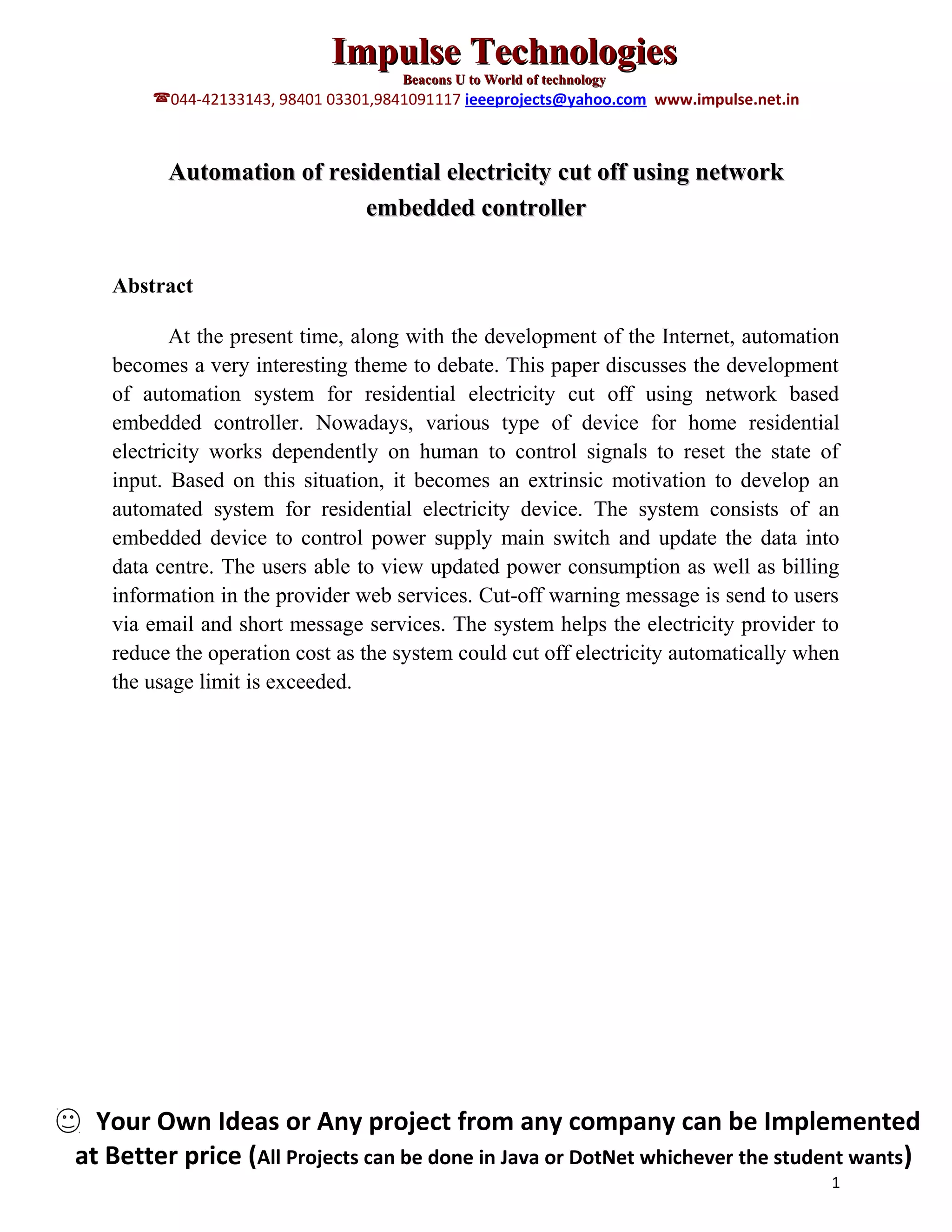 Automation of residential electricity cut off using network embedded ...