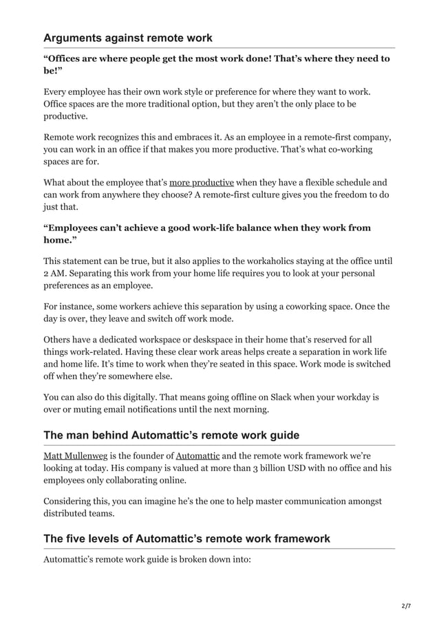 Automattics Remote Work Framework How To Reach Autonomous And Asynchronous Nirvana Pdf