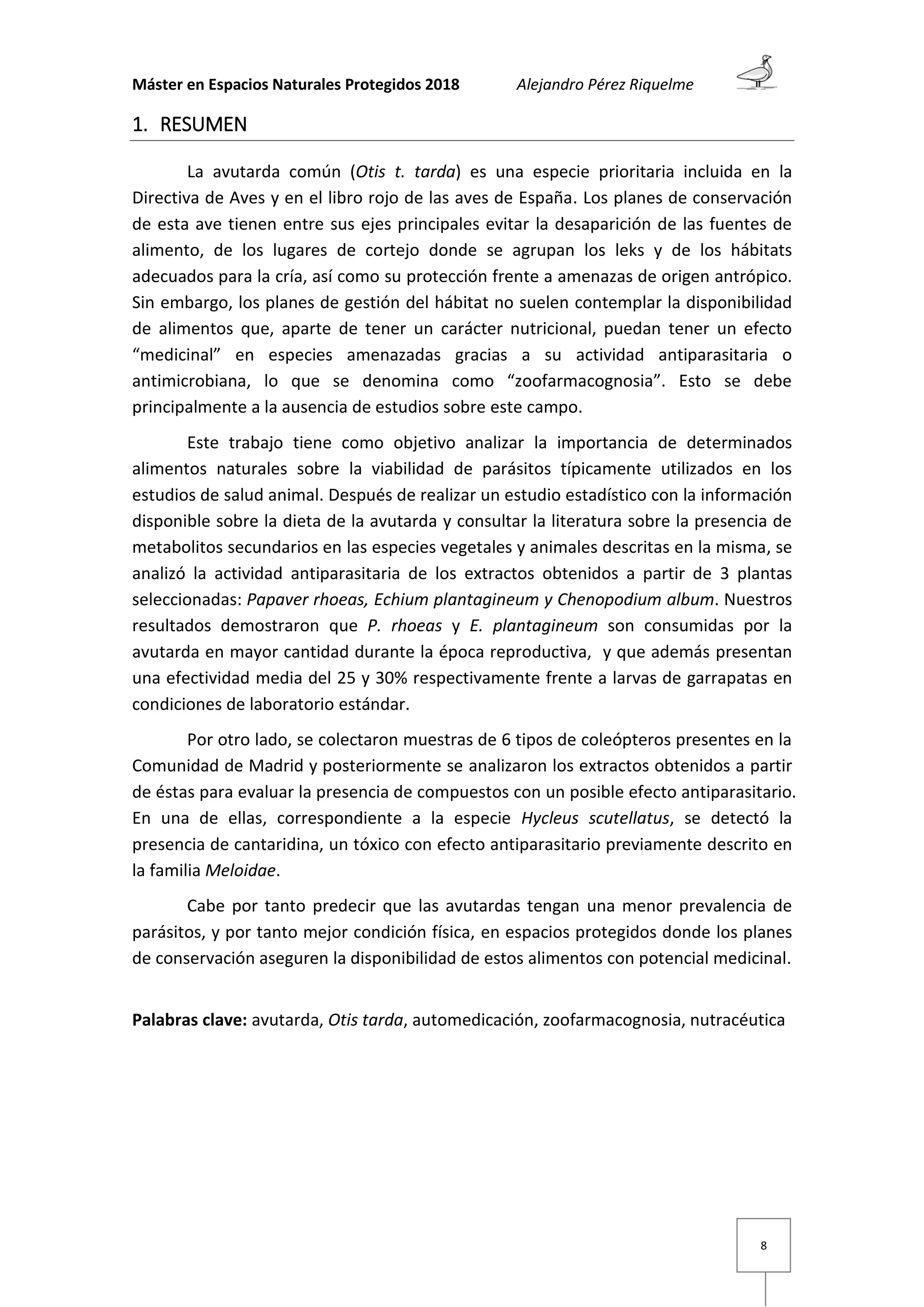 Automedicación en la avutarda común (Otis tarda). Importancia potencial ...