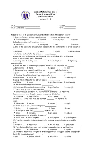 Automotive 8 exam | DOCX