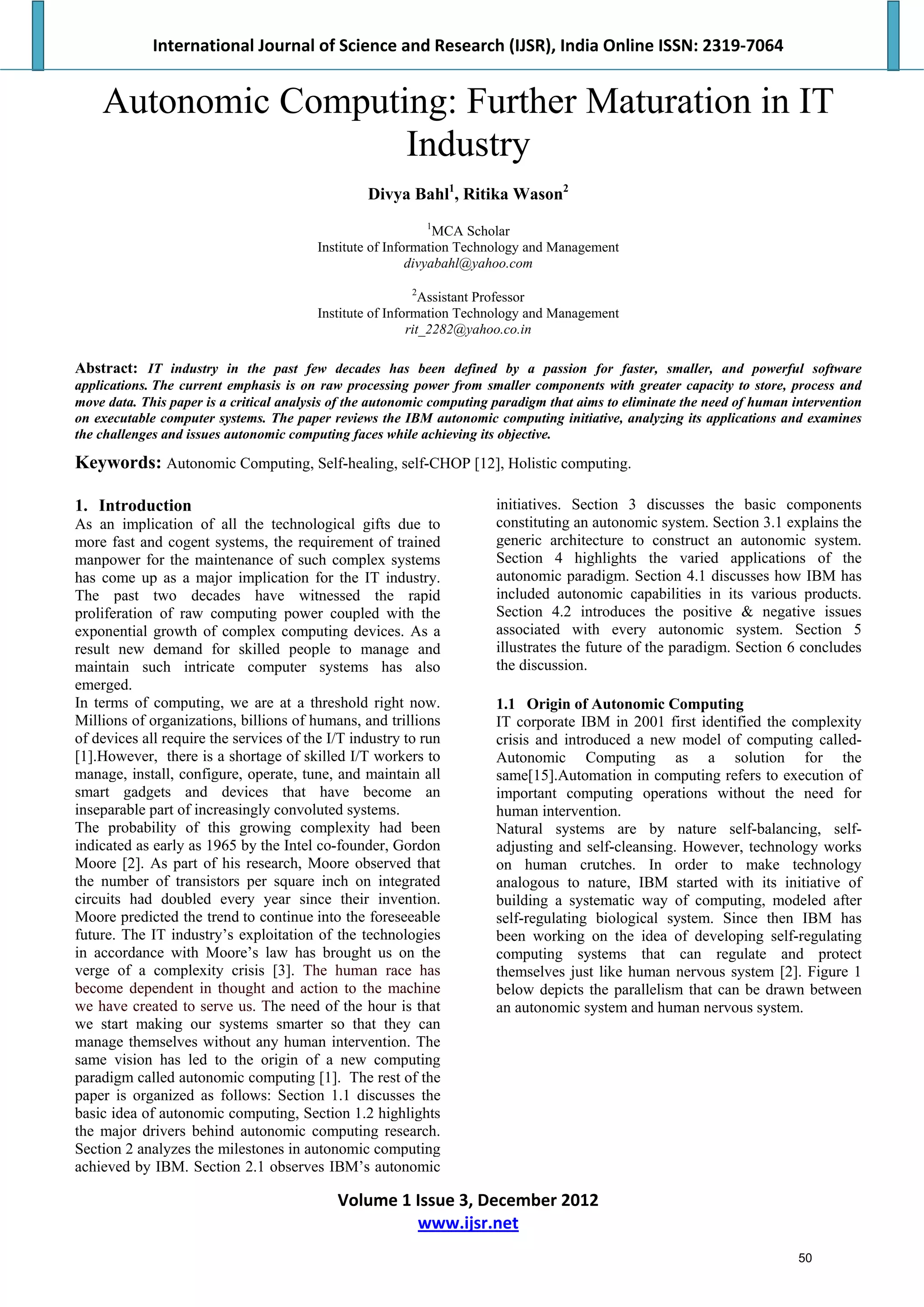 Autonomic computing further maturation in it industry | PDF | Computing | Technology & Computing