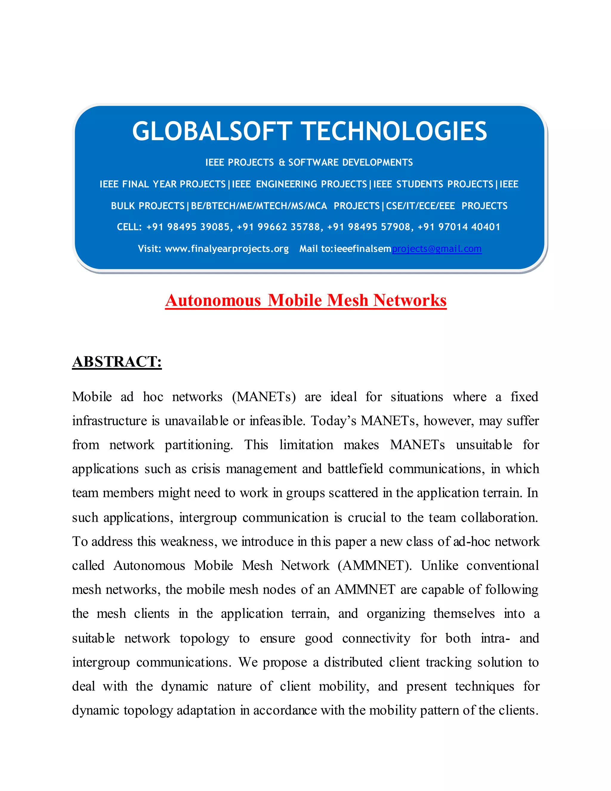 Ieee 2014 Dotnet Mobile Computing Projects Autonomous Mobile Mesh Networks Docx Computer