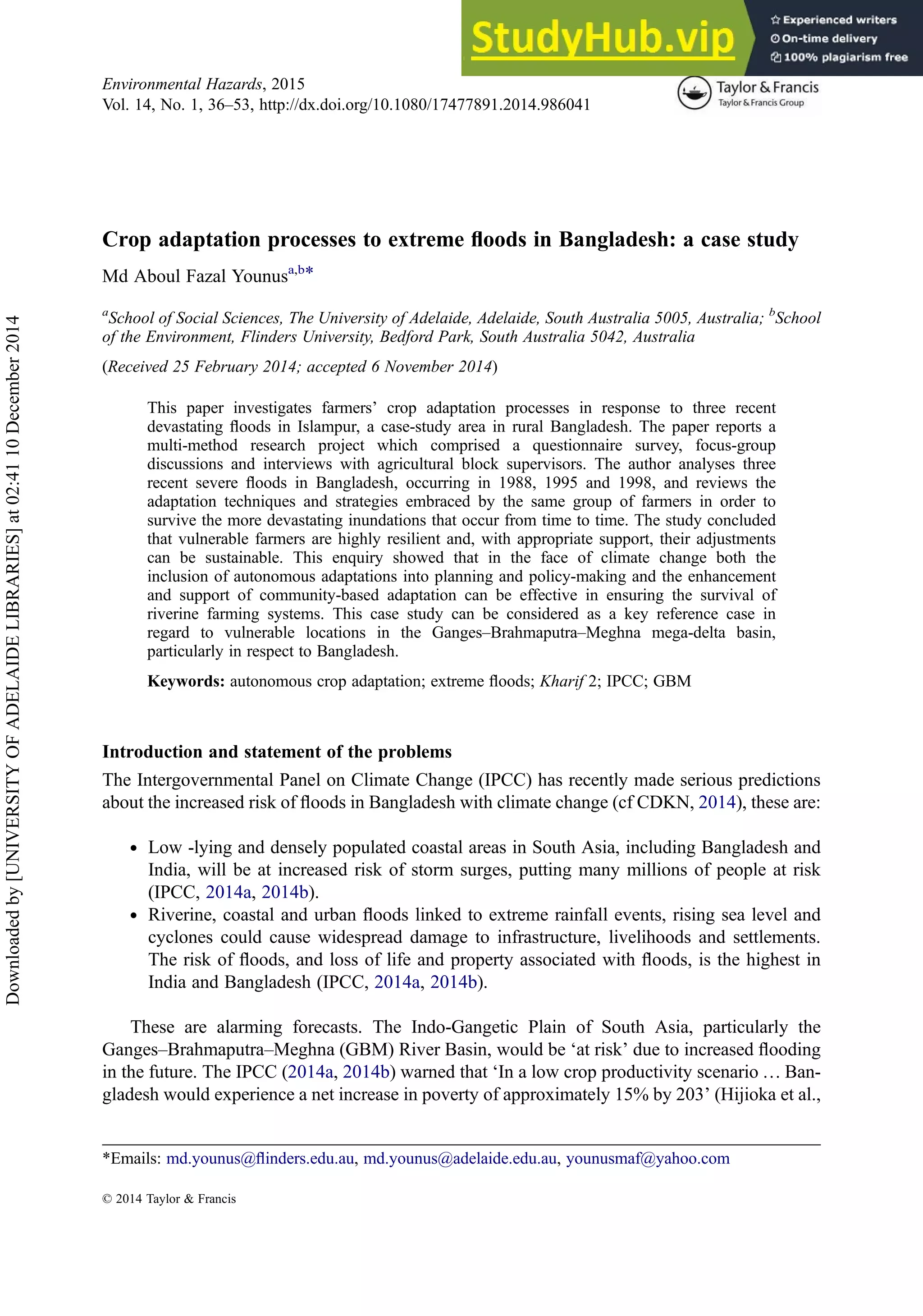 Autonomous Crop Adaptation Processes To Extreme Floods A Case Study In ...