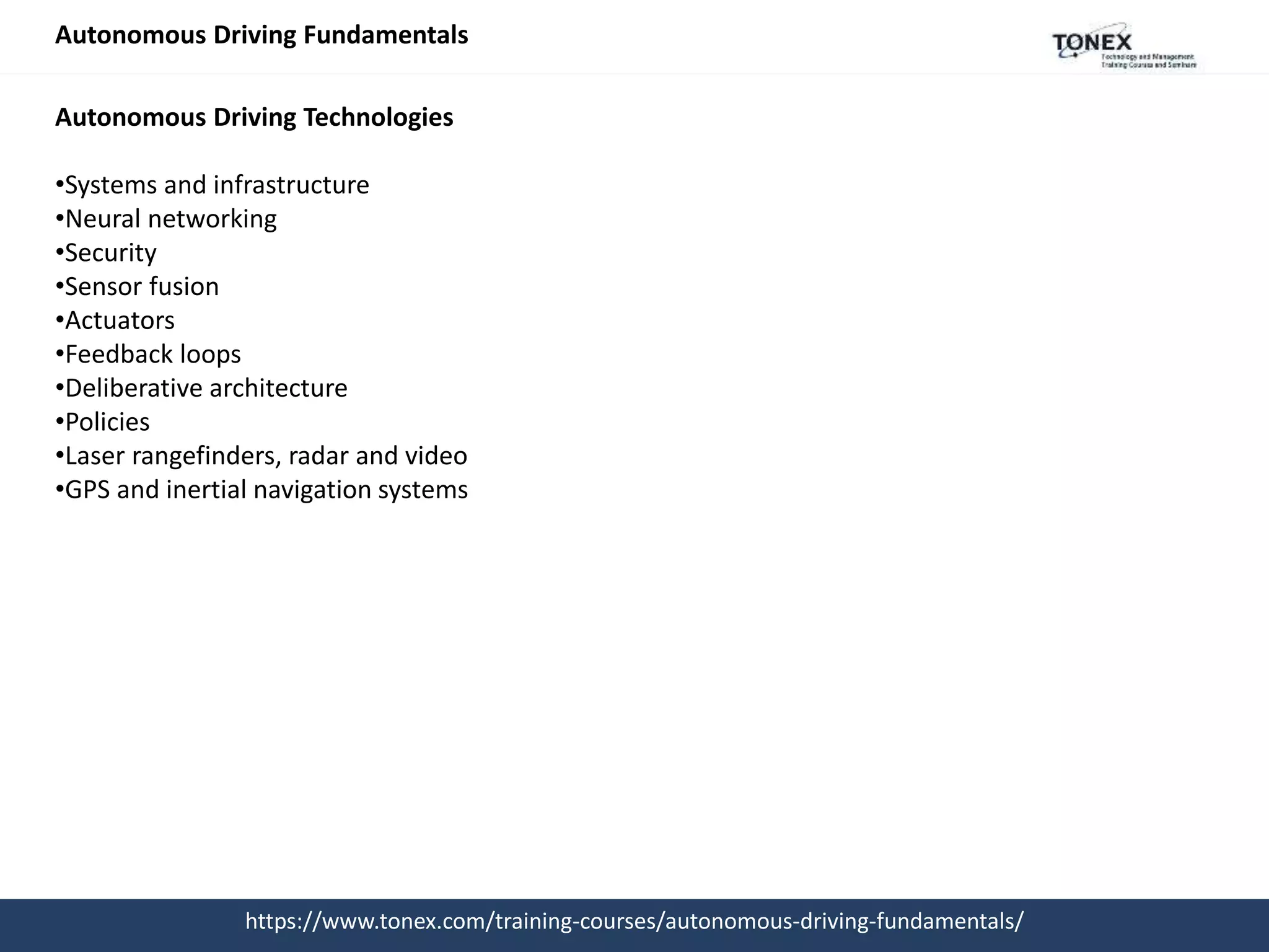 Autonomous driving fundamentals, training, courses on Tonex | PPTX