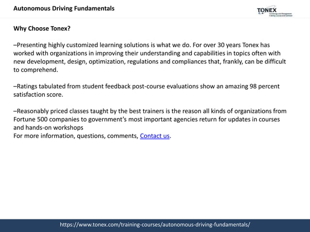 Autonomous driving fundamentals, training, courses on Tonex | PPTX