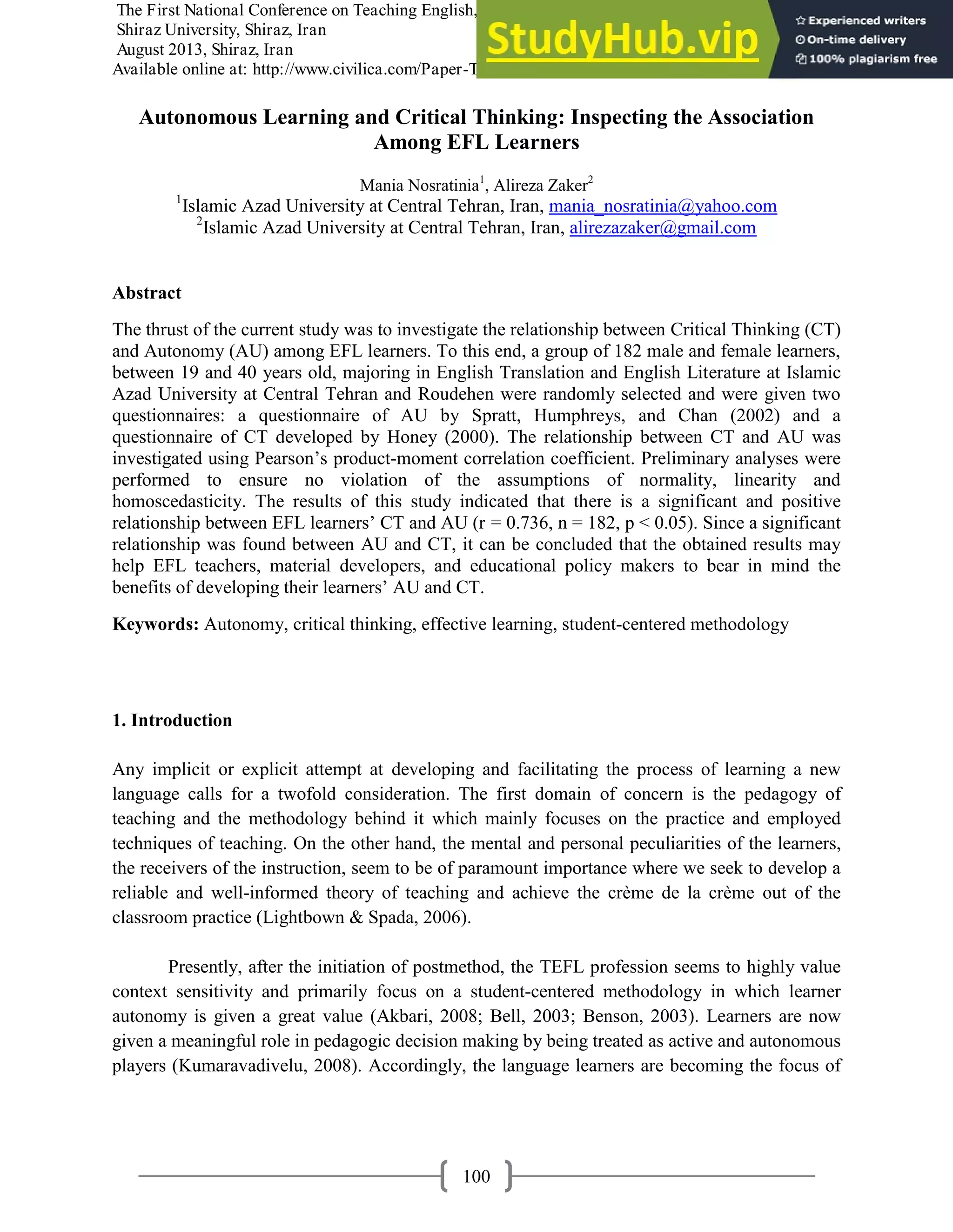 Autonomous Learning And Critical Thinking Inspecting The Association ...