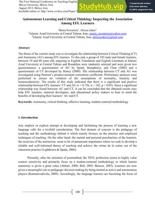 Autonomous Learning And Critical Thinking Inspecting The Association Among EFL Learners | PDF