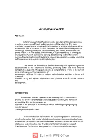 Automatic vehicle to develop artificial intelligent | PDF