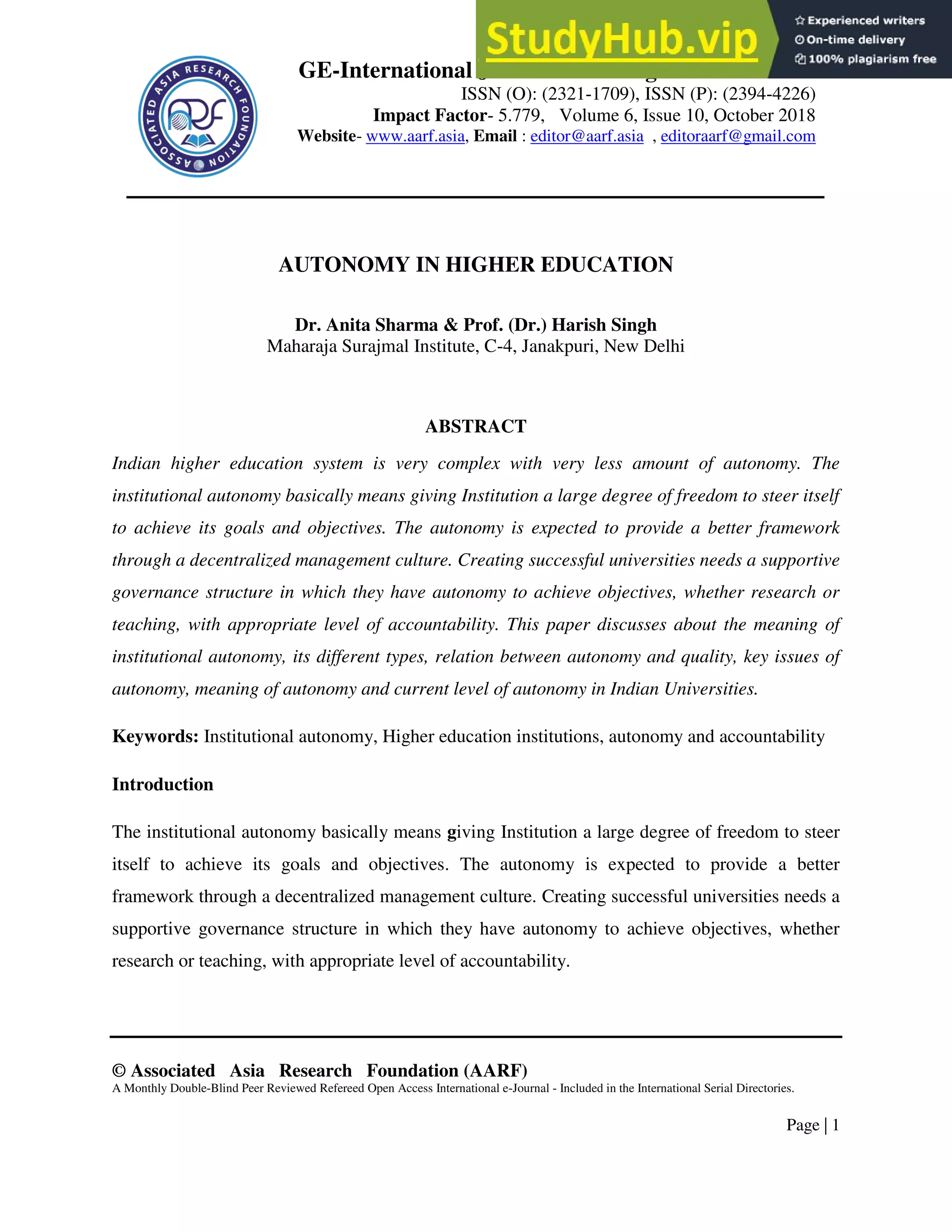 AUTONOMY IN HIGHER EDUCATION | PDF