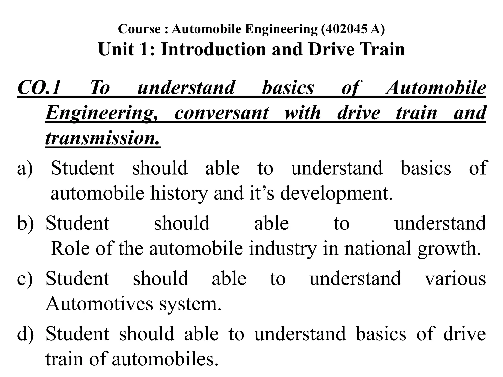 Automobile Engineering Course objective | PPTX