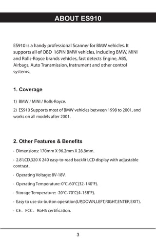 Autophix es910 bmw mini scanner user manual | PDF