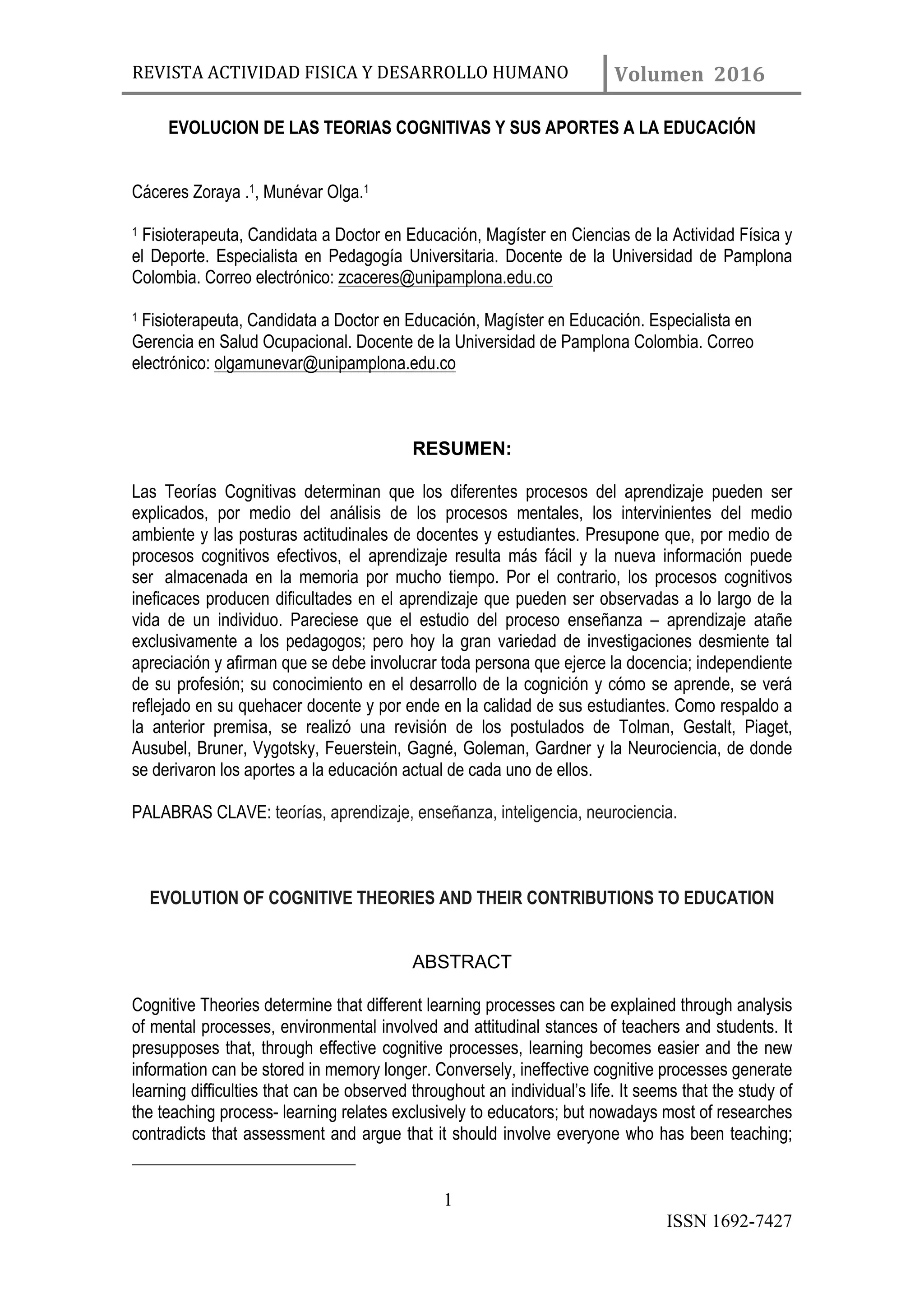 EVOLUCION DE LAS TEORIAS COGNITIVAS Y SUS APORTES A LA EDUCACIÓN | PDF