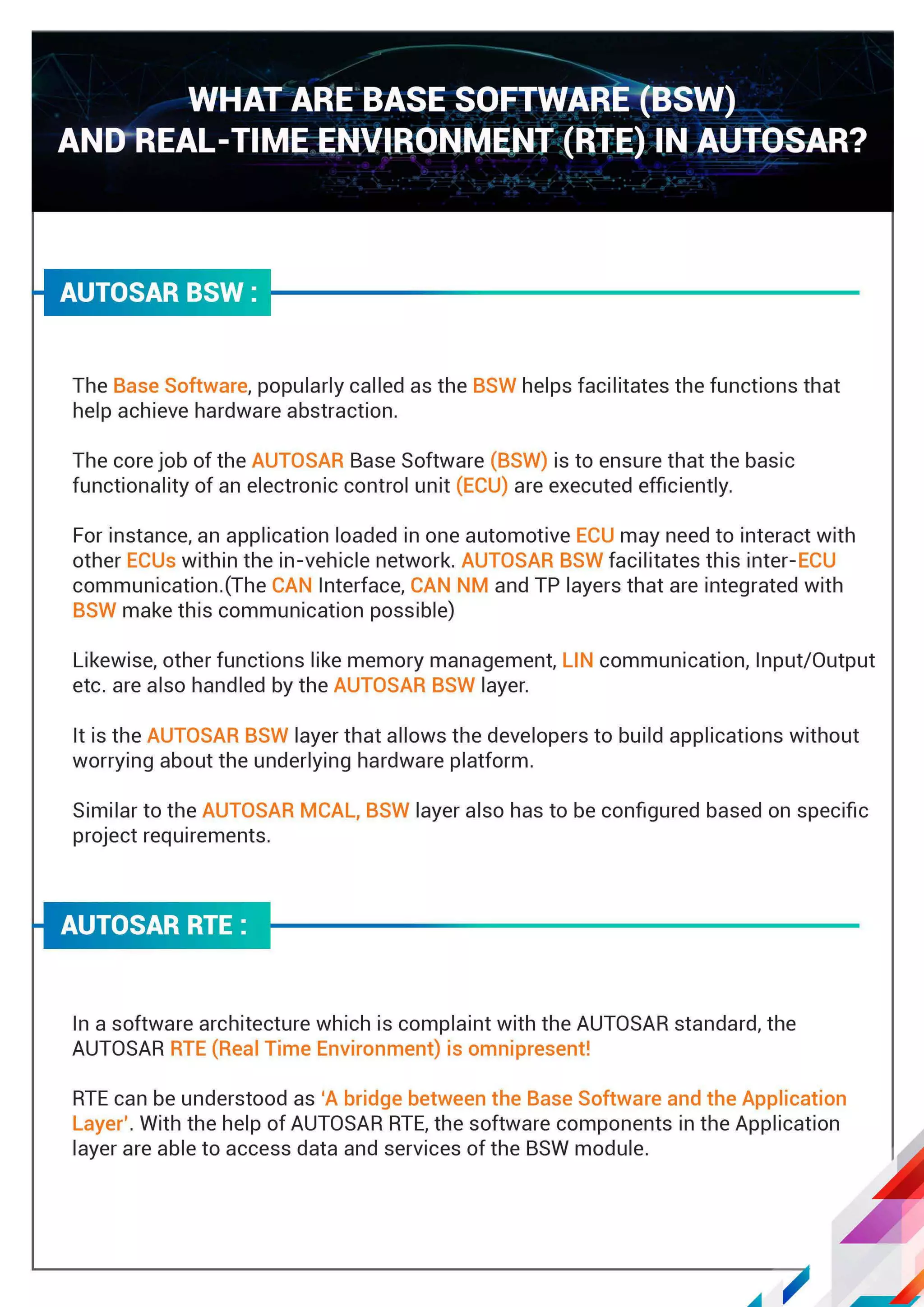 Introduction to AUTOSAR BSW (Base Software) & RTE (Real-Time Environment) | PDF