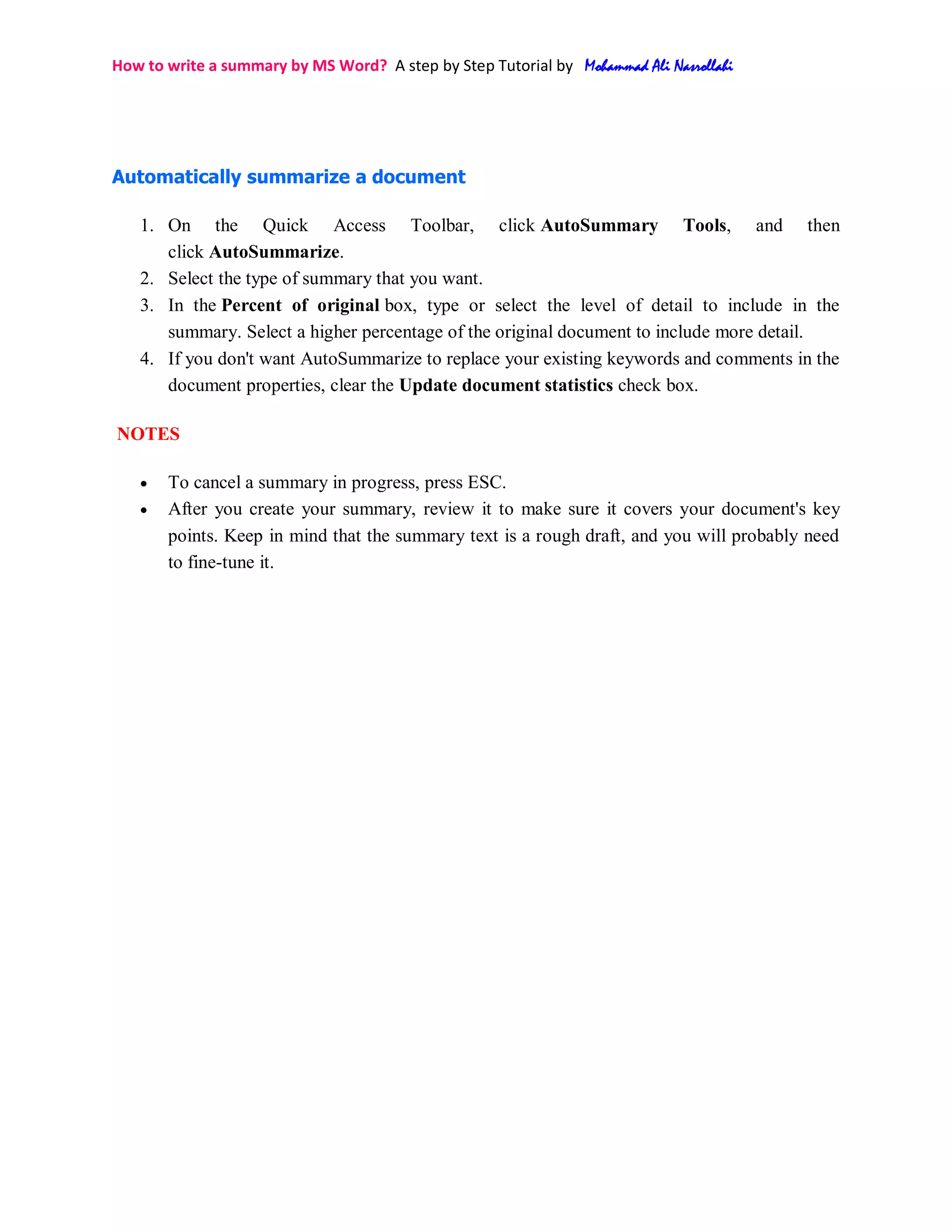 Auto summarizing by ms word. | PDF