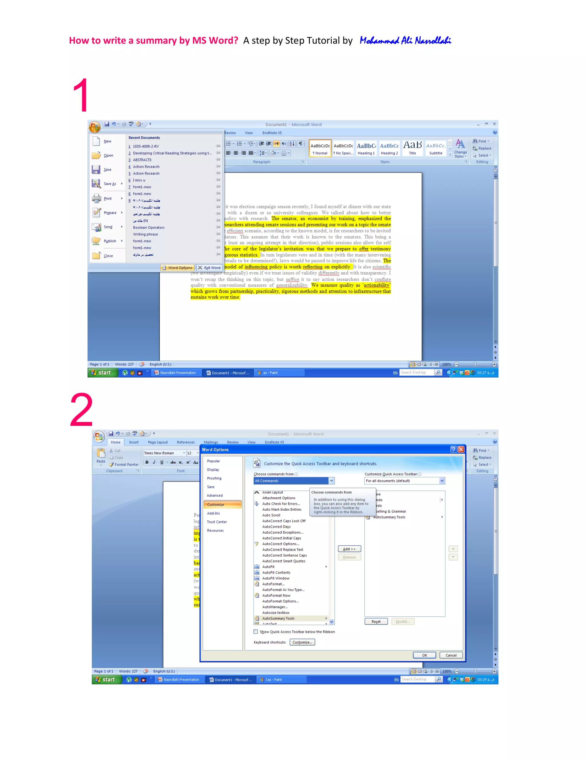 Auto summarizing by ms word. | PDF