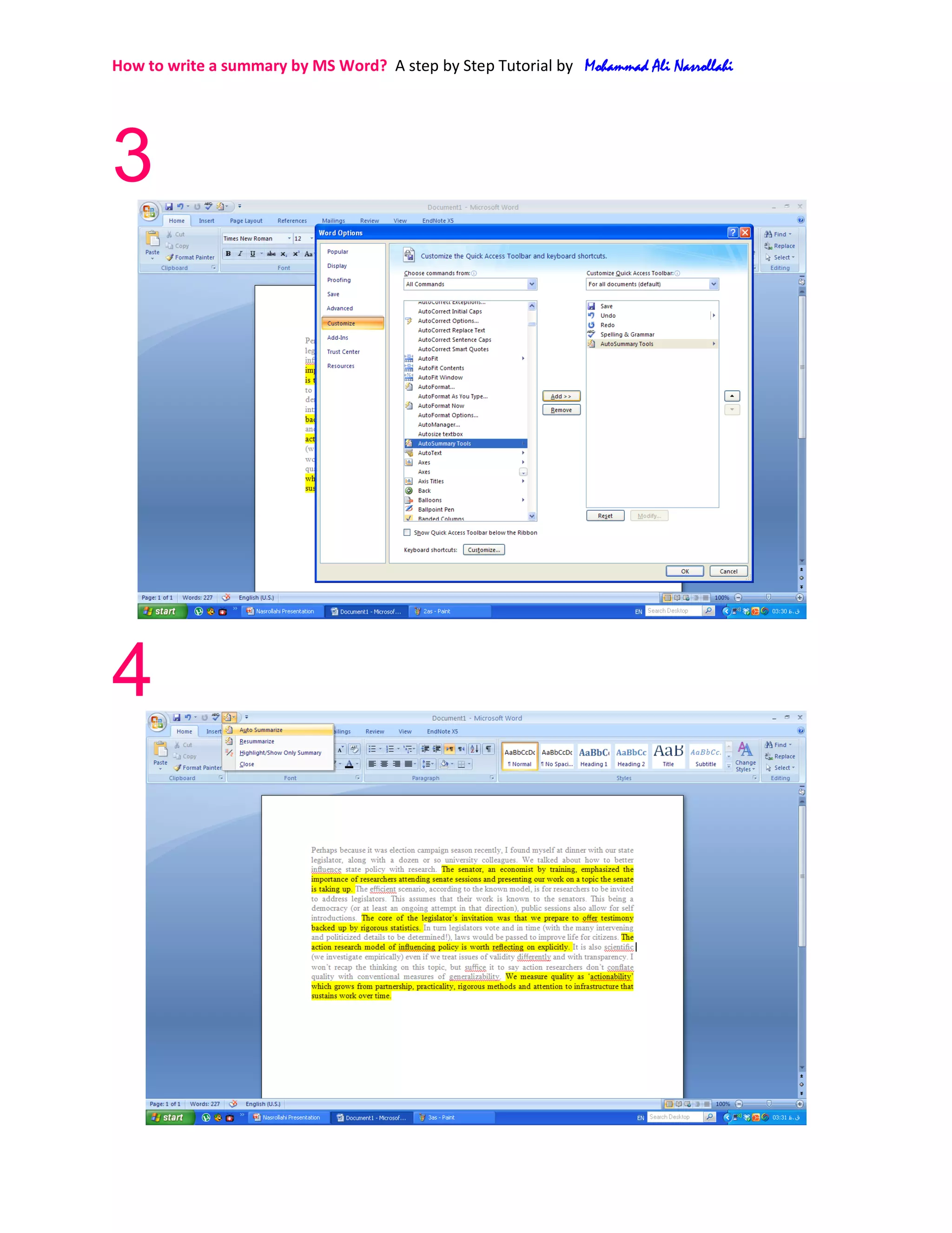 Auto summarizing by ms word. | PDF