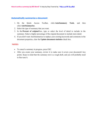 Auto summarizing by ms word. | PDF | Technology & Computing