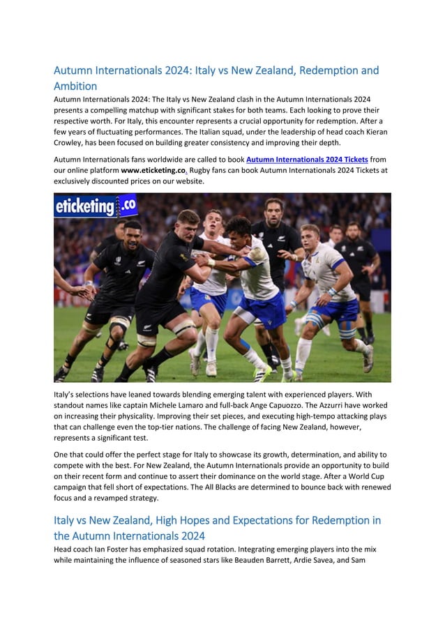 Autumn Internationals 2024 Tickets: Italy vs New Zealand, Redemption and Ambition | PDF